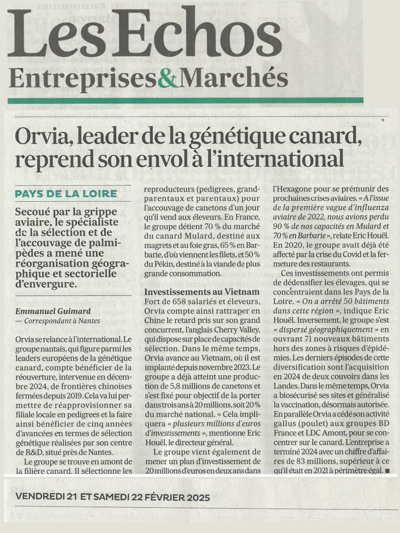 FEV. 2025 - Les Échos : Orvia leader de la génétique canard - Orvia